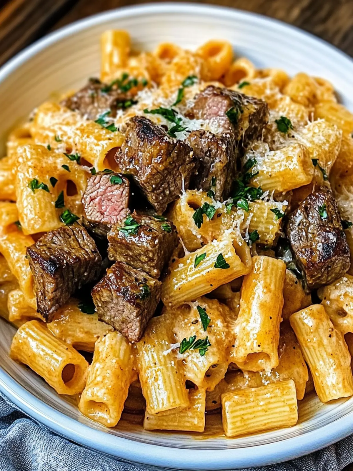 Ultimate Cajun Steak Tips in Cheesy Rigatoni Parmesan Sauce