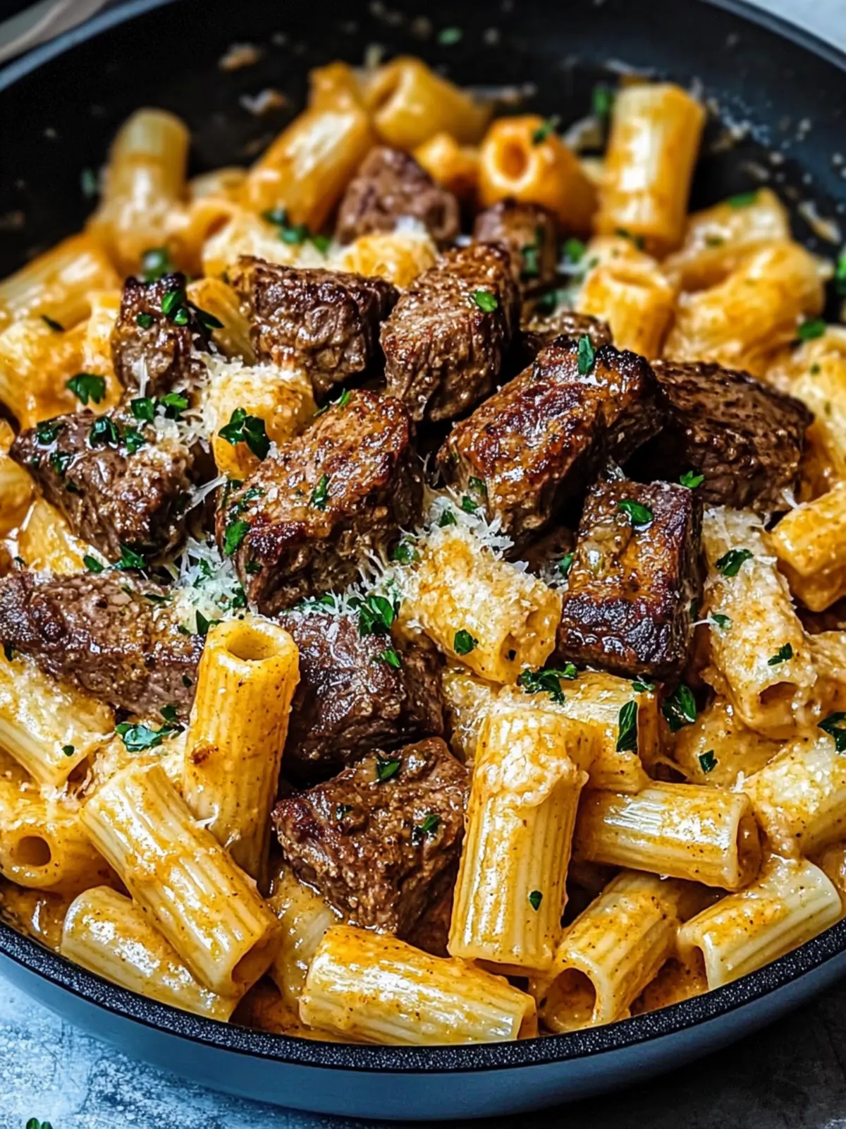 Ultimate Cajun Steak Tips in Cheesy Rigatoni Parmesan Sauce